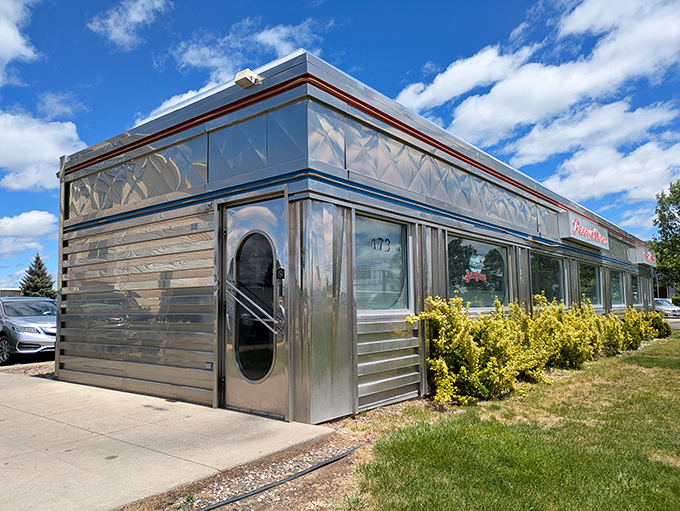 From another angle, this classic Valentine-style diner design stands as a chrome time capsule against the big Nebraska sky.