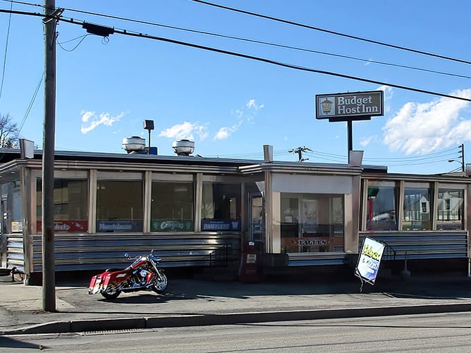 Another angle reveals the diner's vintage charm, complete with a motorcycle parked outside&mdash;because even Easy Riders need pancakes sometimes.