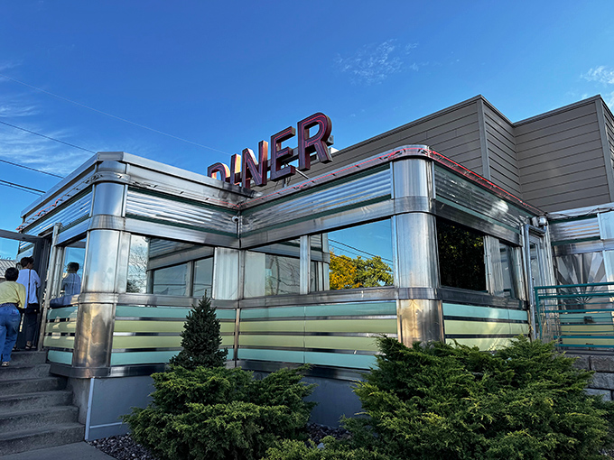 The gleaming stainless steel exterior of Broadway Diner shines like a beacon of hope for hungry travelers. Mid-century Americana at its finest!