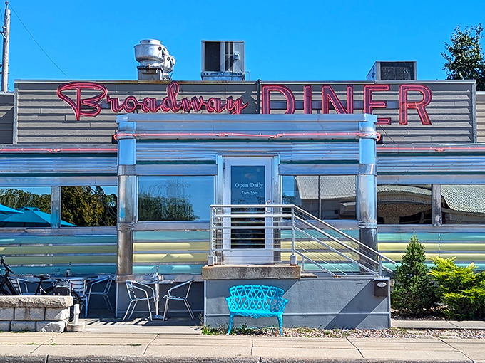 The gleaming stainless steel exterior of Broadway Diner shines like a beacon of hope for hungry travelers. Classic Americana at its finest.