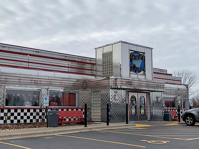 Chrome-clad and gleaming like a time machine on wheels, Gus's Diner's exterior promises a journey back to when Elvis was king and milkshakes came with the metal mixing cup.