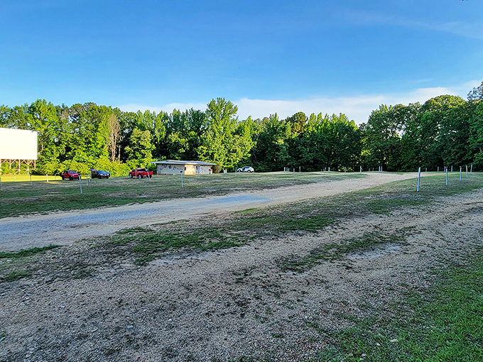 The empty field awaits its nightly transformation into a communal theater where memories are made.