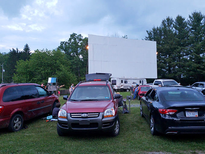 Cars lined up facing the iconic white screen, a scene unchanged since the golden age of American entertainment. Nature provides the perfect backdrop for cinematic magic.