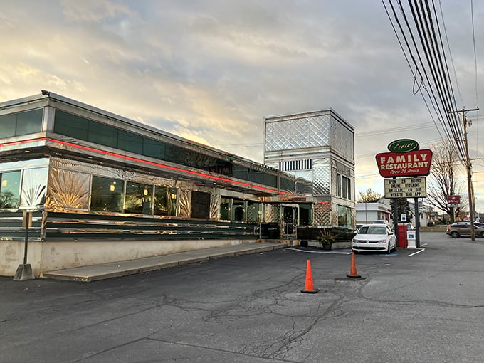 The chrome-clad exterior of Exeter Family Restaurant gleams in the evening light, a shining beacon of comfort food that's been calling hungry Pennsylvanians home for generations.