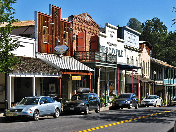 Historic storefronts line Main Street in Angels Camp, where Gold Rush architecture meets small-town charm in a picture-perfect California postcard.