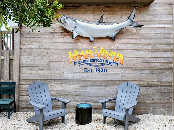 The iconic silver fish mounted above Mar Vista's weathered wooden sign welcomes you like an old friend who happens to live in paradise.