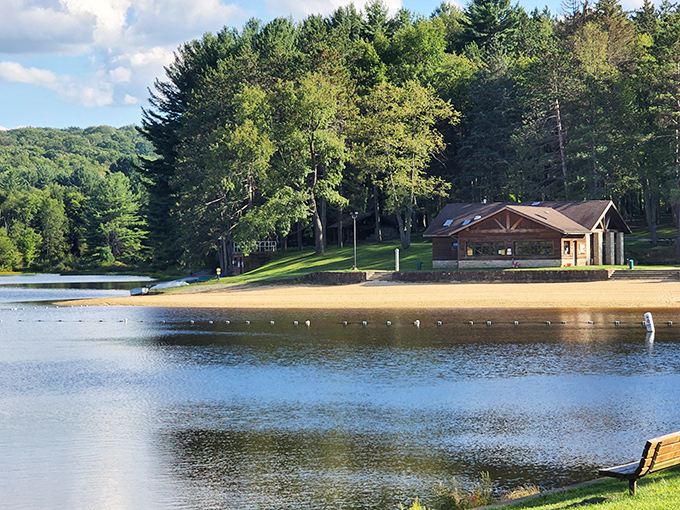 Beach day, Pennsylvania-style! Who needs ocean waves when you've got this pristine lakefront and rustic pavilion waiting for your picnic basket?