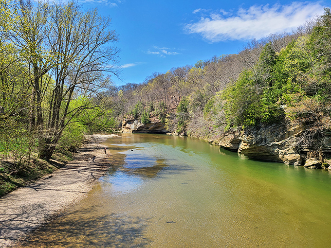 Sugar Creek winds through ancient sandstone cliffs, creating a scene so un-Indiana-like you'll wonder if you accidentally drove to Colorado.