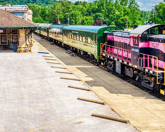 The historic French Lick depot welcomes visitors with its vintage charm, where gleaming locomotives stand ready to transport you back in time.