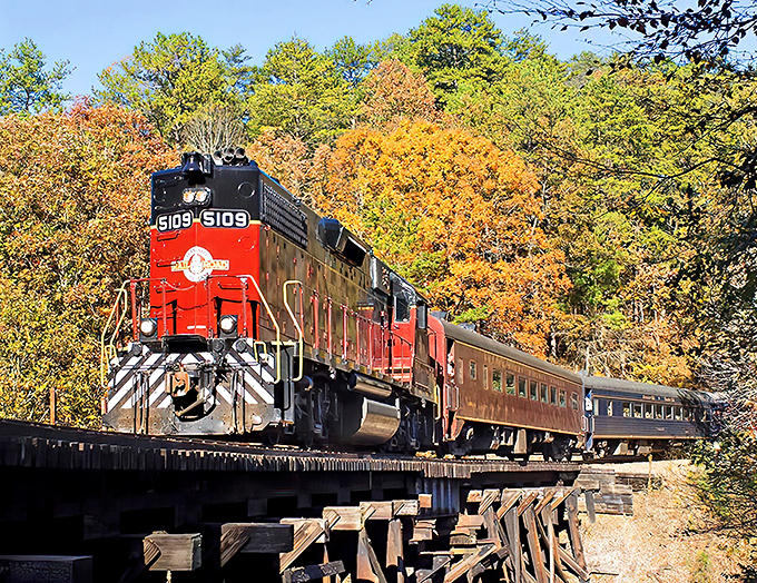 Fall foliage frames the vintage coaches as they wind through Cherokee National Forest on this spectacular journey.
