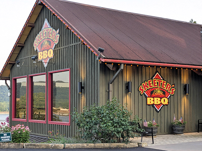 Sage-green siding with vibrant red trim makes Skeeter's stand out against the Pennsylvania landscape like a barbecue oasis waiting to be discovered.