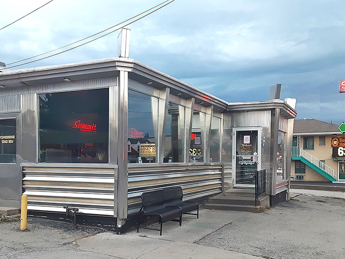 The gleaming stainless-steel exterior of Summit Diner stands like a time capsule from America's golden age of roadside dining. Classic never goes out of style.