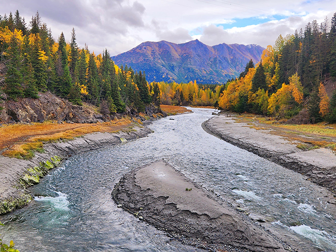 Nature's perfect postcard moment: Eagle River carves through autumn-painted forests while mountains stand guard, reminding us why Alaskans tolerate those long winters.