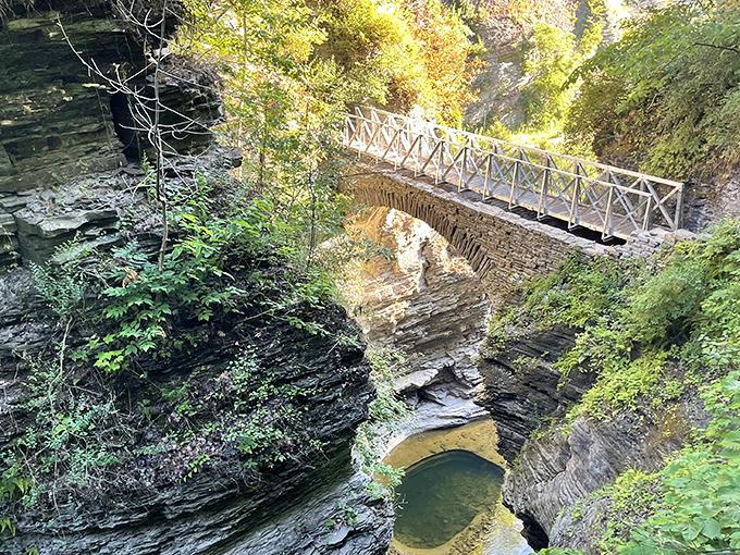 Stone bridges span the dramatic gorge at Watkins Glen, where nature's architecture puts human engineering to shame. A perfect spot for contemplative wandering.