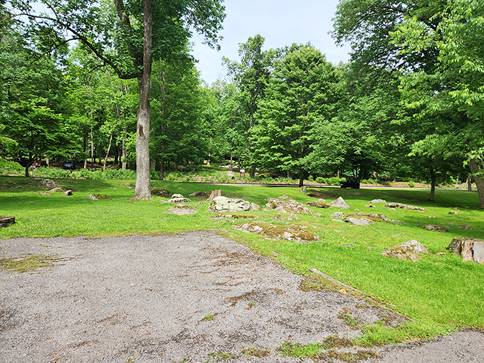 Nature's living room awaits at Valley Falls State Park, where lush green spaces and strategically placed boulders create the perfect outdoor lounge area.