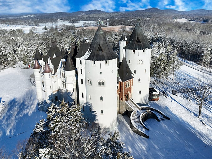 Castle Gwynn stands majestically against the winter landscape, its white towers rising from the snow like something straight out of a fairy tale storybook.