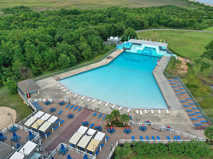 Aerial paradise! Buccaneer Bay's wave pool and water attractions nestle perfectly between lush Mississippi greenery and the Gulf's shimmering horizon.