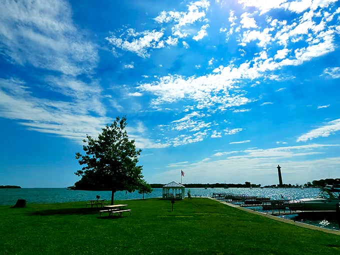 The sky above Oak Point puts on a better show than Netflix, with fluffy clouds scattered like marshmallows on a blue canvas.