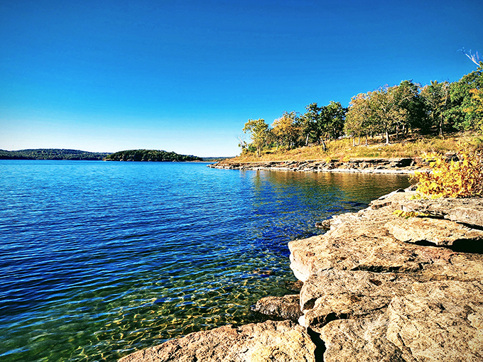 Crystal clear waters meet rugged limestone shores—Mother Nature showing off her best work like it's no big deal. The Oklahoman Riviera awaits!