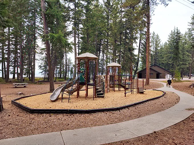 Childhood nostalgia nestled among towering pines. This playground at Lake Wenatchee State Park proves nature's best playground equipment is the imagination it inspires.