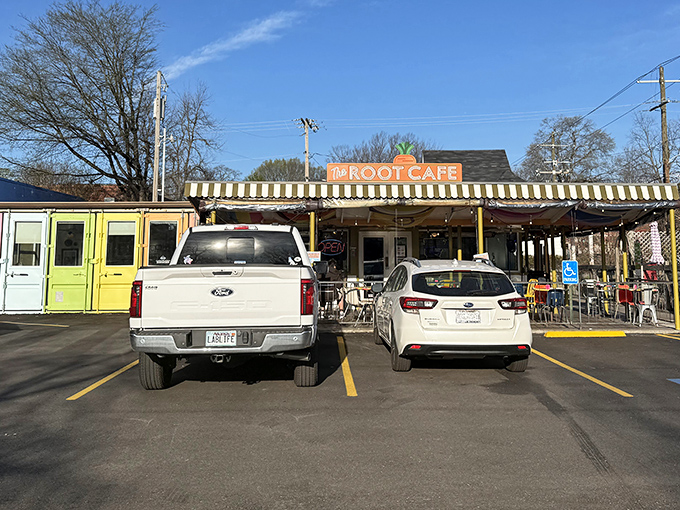 The iconic carrot-topped sign welcomes hungry visitors like a beacon of breakfast hope. Simple exterior, extraordinary flavors await inside.