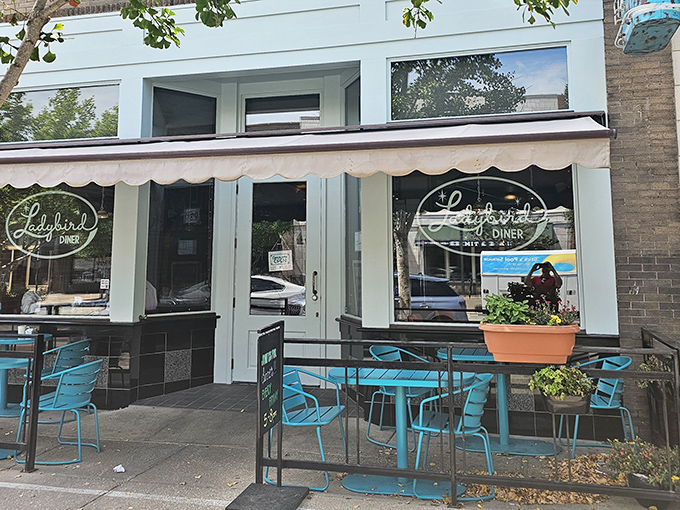 That mint-blue exterior isn't just pretty&mdash;it's a beacon of hope for hungry souls wandering Massachusetts Street in search of breakfast salvation.