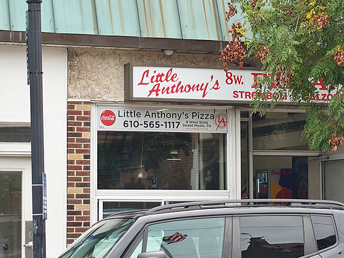 The unassuming storefront of Little Anthony's on West State Street in Media &ndash; where culinary magic happens behind a modest brick fa&ccedil;ade.
