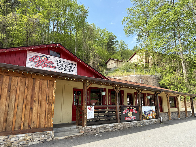 That red barn exterior nestled against the mountain backdrop promises serious comfort food, and those string lights aren't lying.