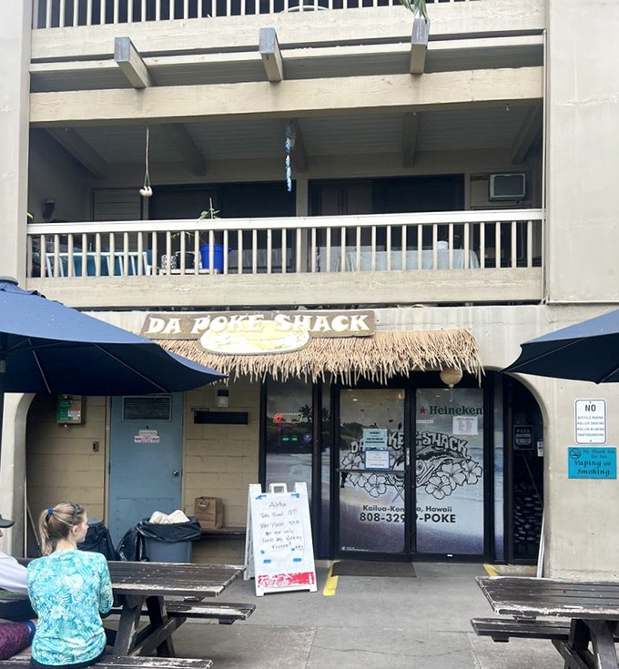 The unassuming exterior of Da Poke Shack proves the old adage: never judge a restaurant by its condominium-level location. Paradise's best seafood hides in plain sight.