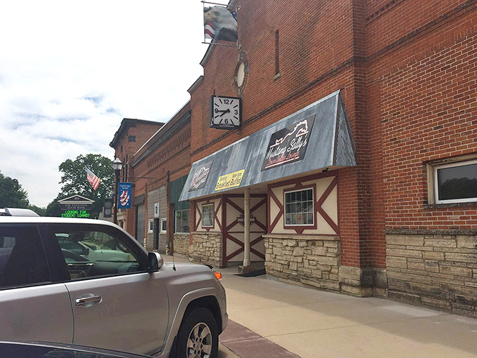 The historic brick façade of Sally's On Broadway stands proudly on Springville's main street, a beacon for hungry travelers and locals alike.