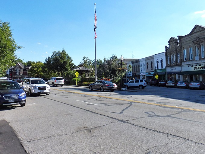 Main Street Americana comes to life in Chagrin Falls, where historic brick buildings and bright awnings paint the perfect small-town scene.