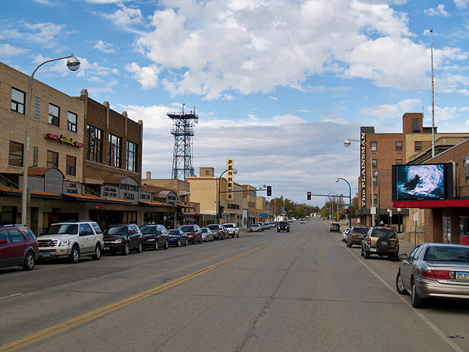 Williston's downtown vista stretches toward the horizon, where vintage architecture meets big sky country in a quintessential North Dakota tableau.