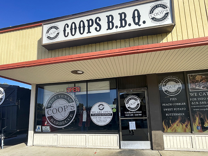 The unassuming exterior of Coop's West Texas BBQ belies the smoky treasures within. Like finding a diamond in a strip mall.