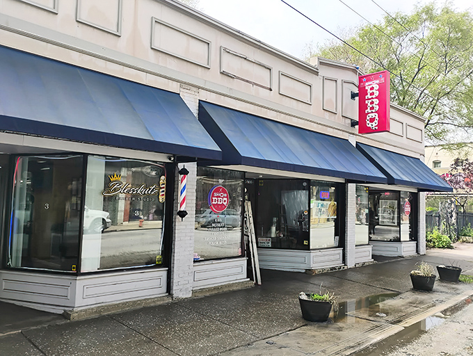 Blue awnings and modest storefront hide culinary treasures within. It's like Superman's phone booth – ordinary outside, but transformative experiences await inside.