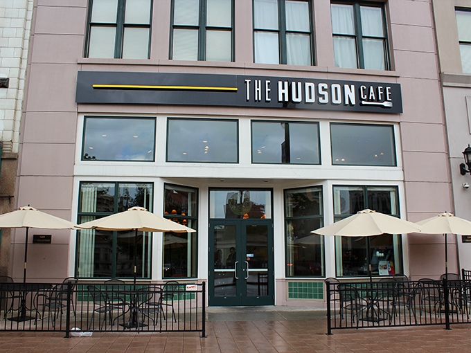A modern facade that means business&mdash;The Hudson Cafe's street presence promises what lies within: serious breakfast in a contemporary setting.