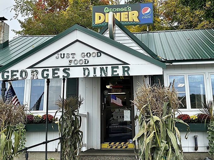 At George&rsquo;s Diner, the green-trimmed facade and &lsquo;JUST GOOD FOOD&rsquo; motto deliver a true New Hampshire classic.