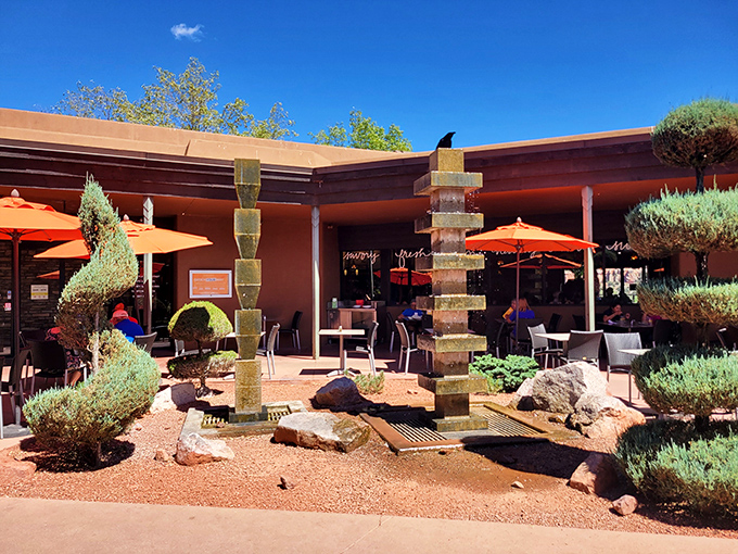 The desert-meets-modern exterior of Wildflower Bread Company beckons like an oasis for the carb-deprived traveler in Sedona's stunning landscape.
