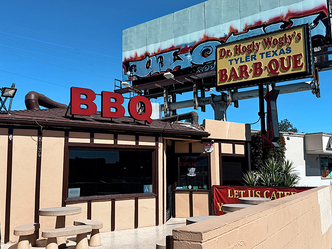 That sign alone is worth the drive! Dr. Hogly Wogly's exterior promises Texas-sized BBQ satisfaction in the heart of Panorama City.