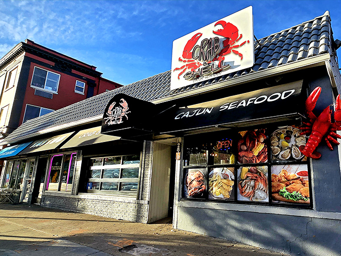 The bright red crab sign beckons like a lighthouse for seafood lovers lost in a landlocked state. Maritime salvation awaits!