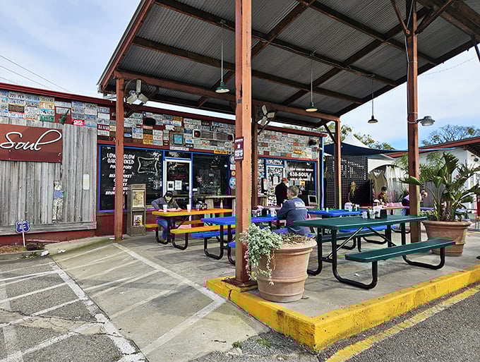 The converted gas station exterior says it all&mdash;unpretentious, welcoming, and promising smoky delights under that metal roof. BBQ paradise found!