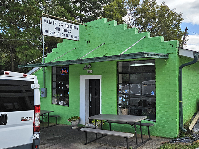The lime green beacon of culinary hope stands proudly on East Broad Street, promising Southern comfort with its unmistakable "Automatic for the People" slogan.