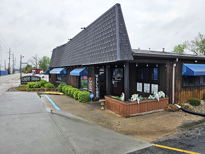 That distinctive A-frame roof isn't just architectural flair – it's a beacon calling to steak lovers across Indiana's southern border.