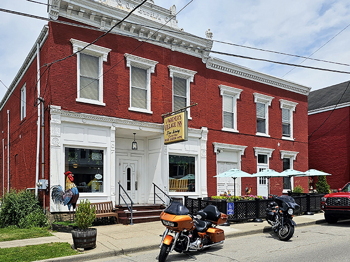 The red brick facade of Wagner's Village Inn stands proudly on Oldenburg's main street, a beacon for fried chicken pilgrims from across the Midwest.