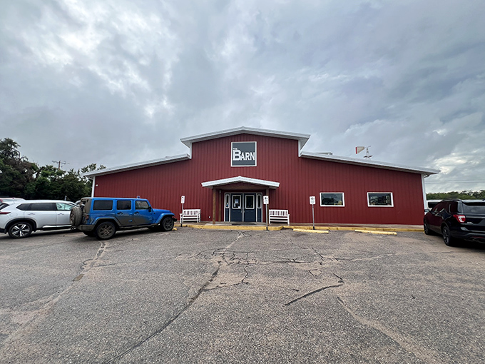 Approaching The Barn feels like discovering a secret food destination. Those blue doors might as well be portals to chicken strip paradise.