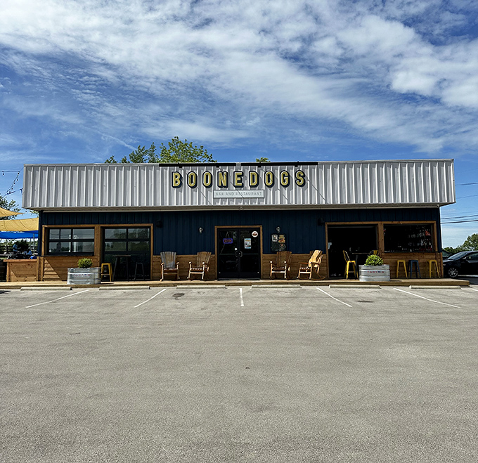 The unassuming exterior of Boonedogs stands like a culinary speakeasy, promising delicious secrets to those in-the-know. Those rocking chairs aren't just for show&mdash;they're for the food coma that follows.