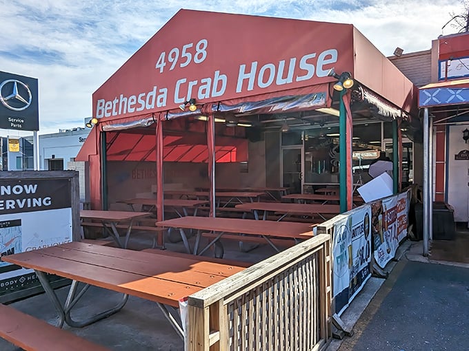 The coral-colored exterior of Bethesda Crab House stands out like a beacon for seafood lovers. No frills, just the promise of Maryland's finest crustaceans awaiting inside.