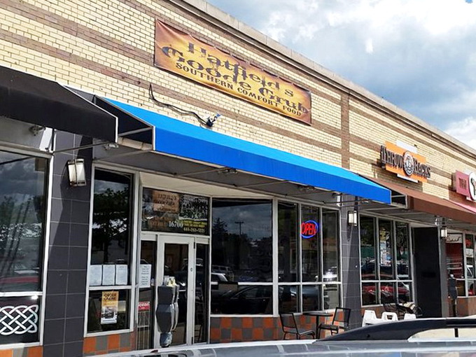 The unassuming storefront with its bright blue awning is like finding a treasure map where X marks the spot for barbecue bliss.