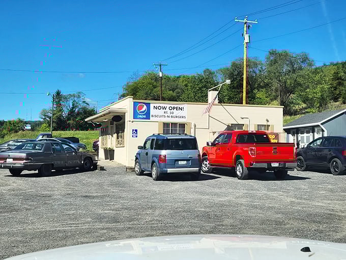 The unassuming exterior of Rt. 50 Biscuits & Burgers stands like a beacon of hope for hungry travelers. No fancy frills, just the promise of honest-to-goodness comfort food.