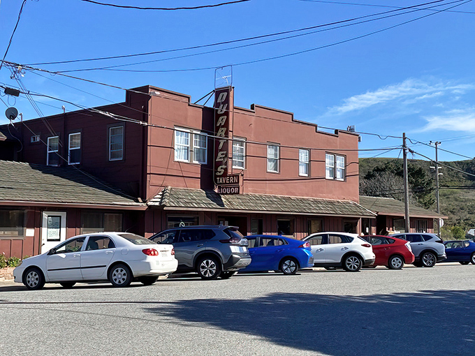 The iconic brick-red exterior of Duarte's Tavern stands like a culinary lighthouse on Pescadero's main drag, beckoning hungry travelers with its vintage charm.