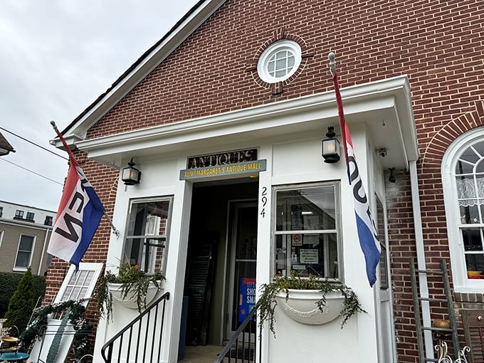 The charming brick exterior of Aunt Margaret's Antique Mall beckons with promises of treasures within. Those arched windows have witnessed decades of Delaware history.
